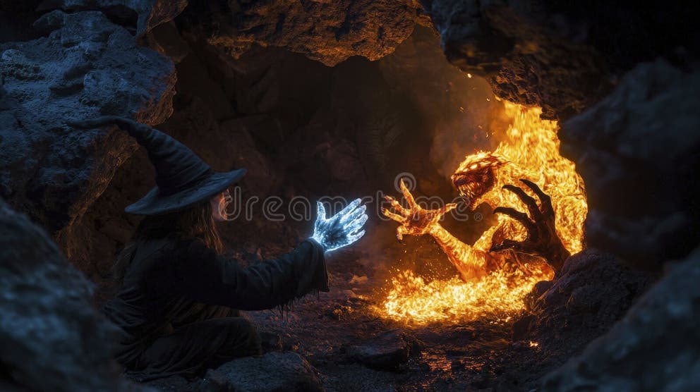 Witch Confronts Fiery Creature in Cave Fantasy Scene Dark Environment ...
