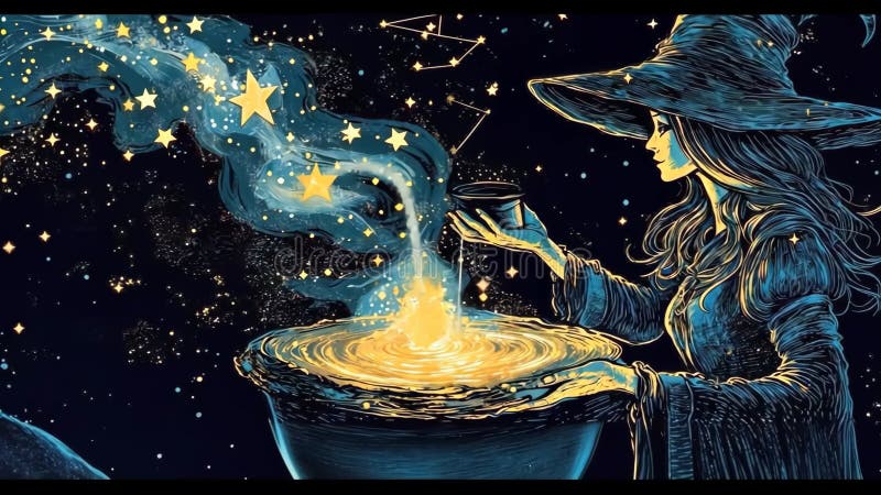 Witch Conjuring Golden Magic from Cauldron Stock Video - Video of ...