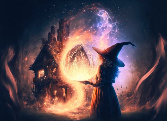 A Witch Doing Magic in Front of a House in a Forest. Created with ...