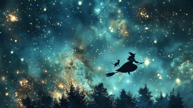 A Witch Flies on a Broomstick with Her Cat Under a Starry Night Sky ...