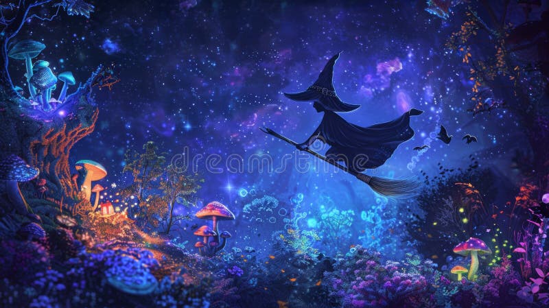 A Witch Flies on a Broomstick through a Magical Forest Illuminated by ...
