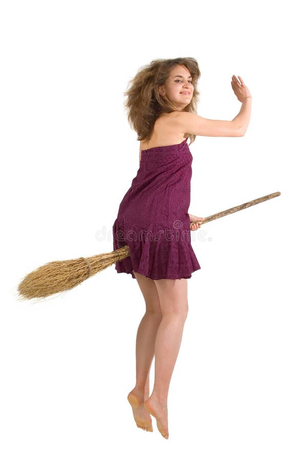Young Woman Witch Fly on Broom. Stock Photo - Image of magic ...