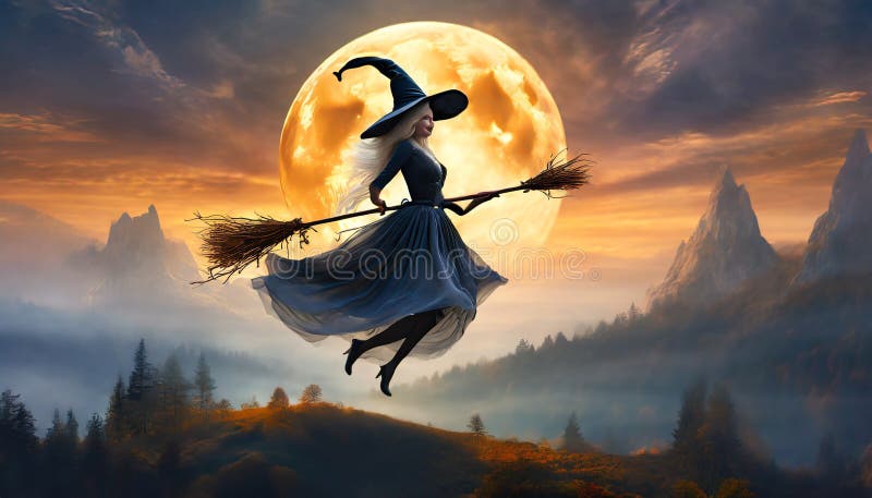 Witch Flying on a Broom at Full Moon Stock Illustration - Illustration ...