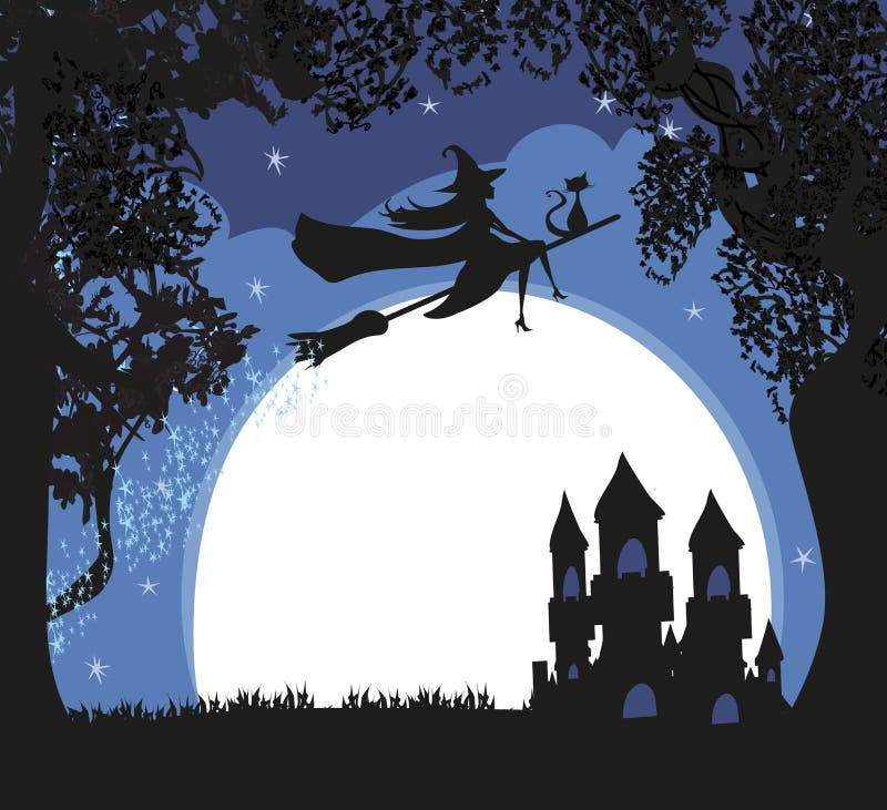 Witch Flying on a Broom in Moonlight. Stock Illustration - Illustration ...