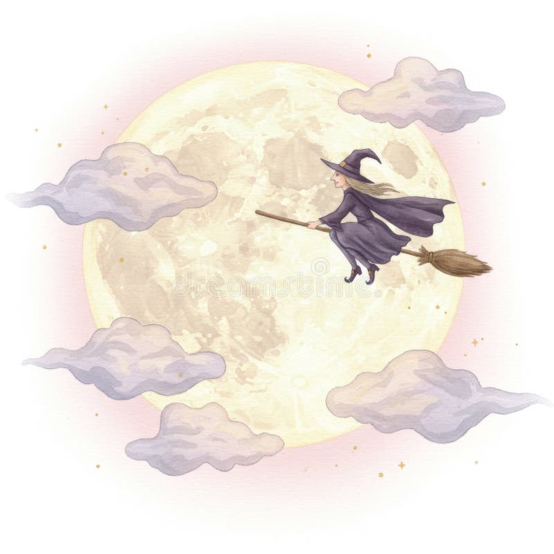 A Witch Flying on a Broom Past a Full Moon Stock Illustration ...