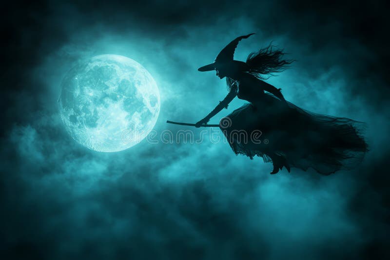 Witch Flying on a Broomstick in Front of a Moon on Halloween Night ...