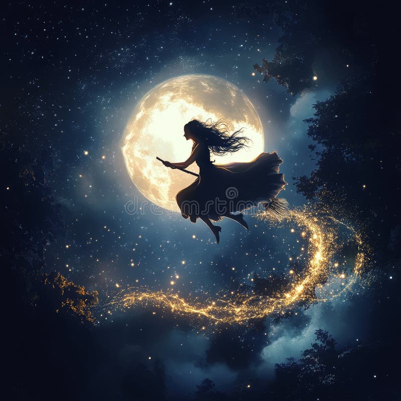 Witch Flying on Broomsticks Under Full Moon Casting Spells in Sky with ...
