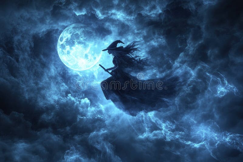 Witch Flying on Broomsticks Under Full Moon at Night Casting Spells in ...