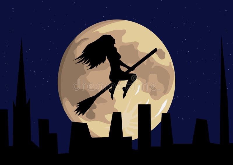 Witch Flying in Front of the Full Moon Stock Vector - Illustration of ...