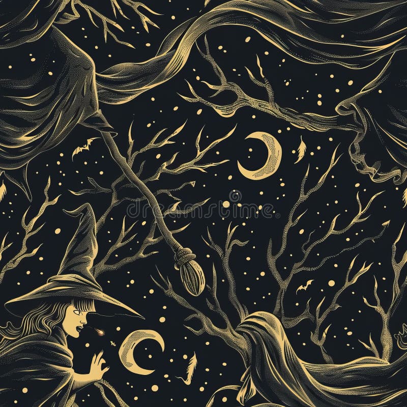 Witch Flying through Night Sky with Crescent Moon and Stars. Seamless ...