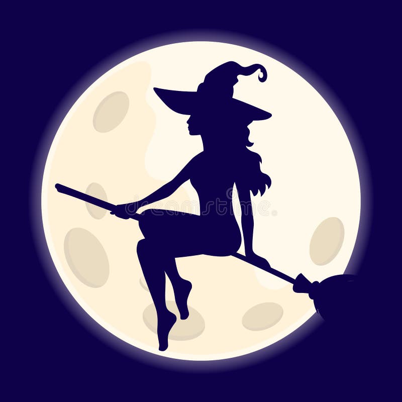 Silhouette of Halloween Beautiful Witch Flying Over Moon Stock Vector ...