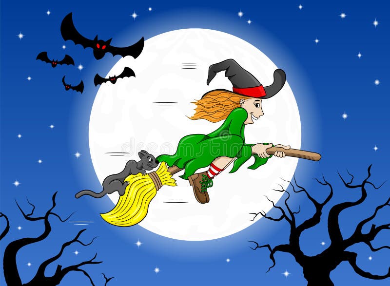 Witch flying over the moon stock vector. Illustration of seasonal ...