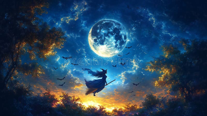 Witch Flying Under a Full Moon Stock Illustration - Illustration of ...
