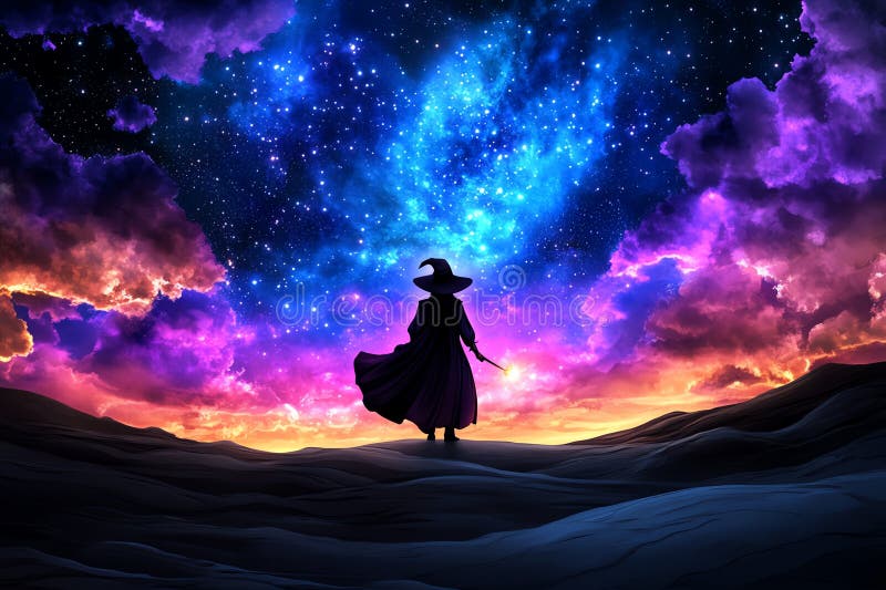 A Witch Flying Under a Starry Sky Stock Illustration - Illustration of ...
