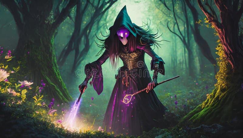 Witch in the Forest by the Fire Fantasy Scene Stock Illustration ...
