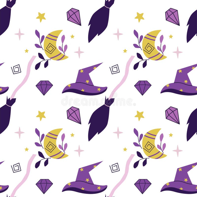 Witch Hat and Broom Magic Seamless Pattern Stock Vector - Illustration ...