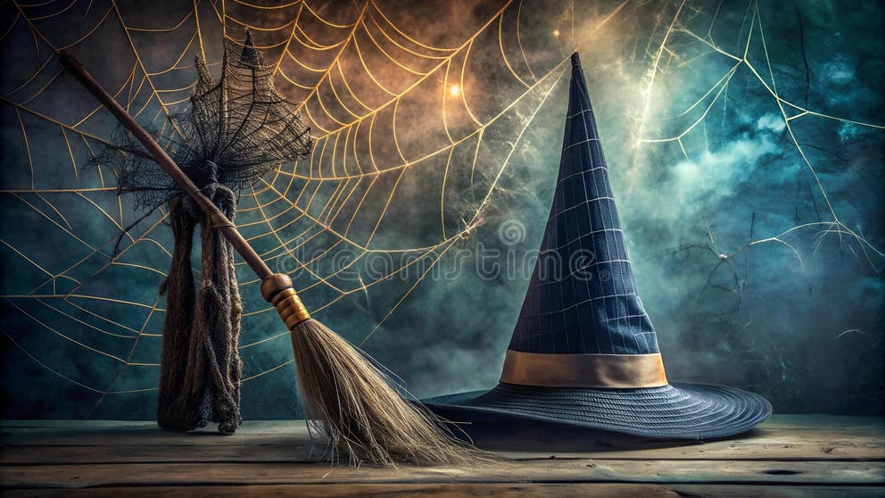 Witch Hat with a Cobweb-Covered Broom Generative AI Stock Illustration ...