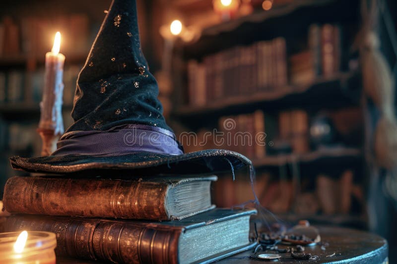 A Witch Hat Placed on a Stack of Books. Perfect for Halloween-themed ...