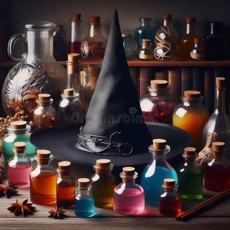 Witch Hat and Potions, Ai Generated Image Stock Illustration ...