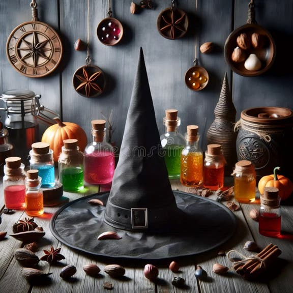Witch Hat and Potions, Ai Generated Image Stock Illustration ...