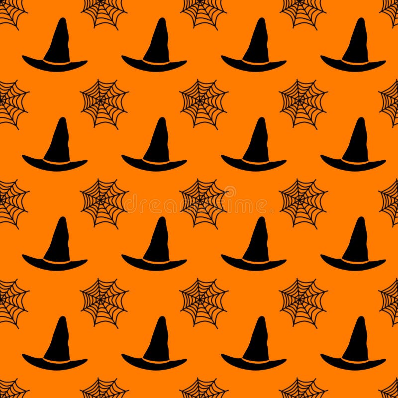 Witch Hat and Spiderweb, Orange and Black Seamless Halloween Vector ...