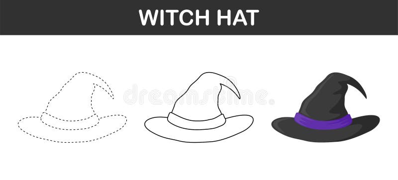 Witch Hat Tracing and Coloring Worksheet for Kids Stock Vector ...
