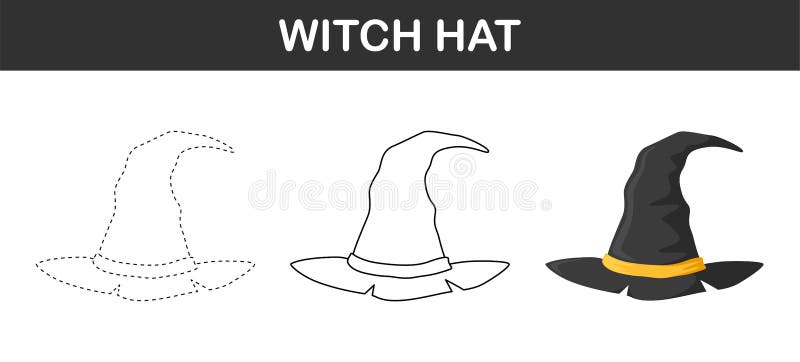 Witch Hat Tracing and Coloring Worksheet for Kids Stock Vector ...