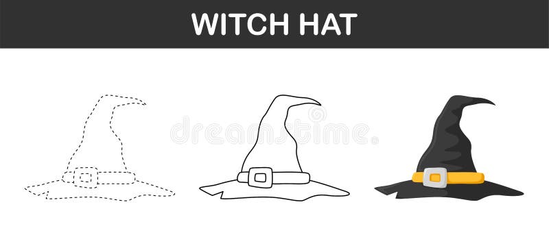 Witch Hat Tracing and Coloring Worksheet for Kids Stock Illustration ...