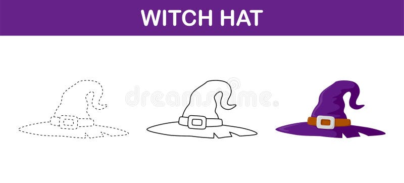Witch Hat Tracing and Coloring Worksheet for Kids Stock Vector ...
