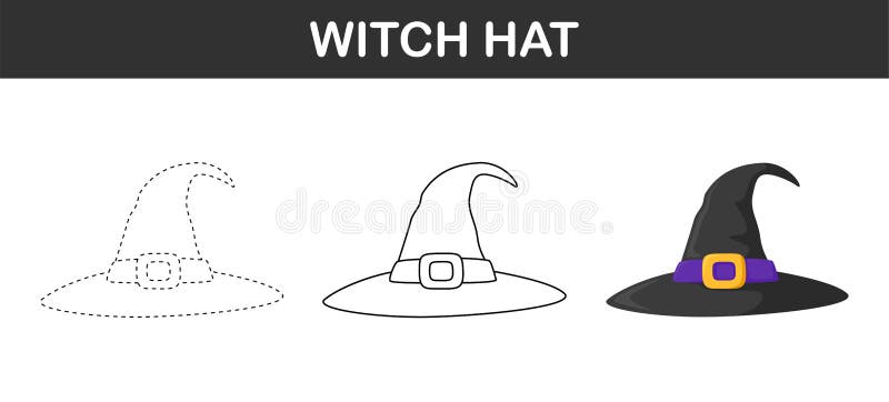Witch Hat Tracing and Coloring Worksheet for Kids Stock Vector ...