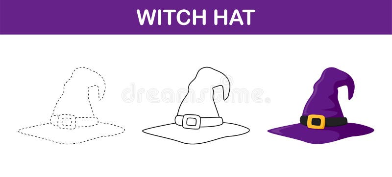 Witch Hat Tracing and Coloring Worksheet for Kids Stock Vector ...