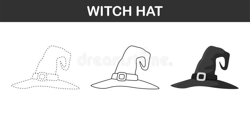 Witch Hat Tracing and Coloring Worksheet for Kids Stock Vector ...
