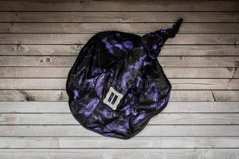 Witch Hat on a Wooden Table with View from Above Stock Image - Image of ...