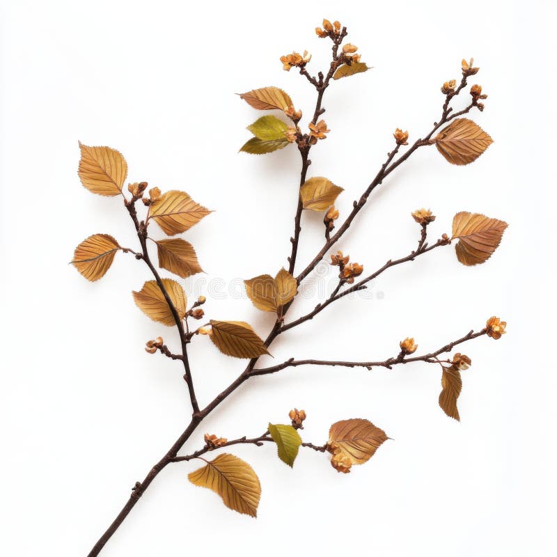 Witch Hazel Branches with Leaves and Blossoms Arranged on a White ...