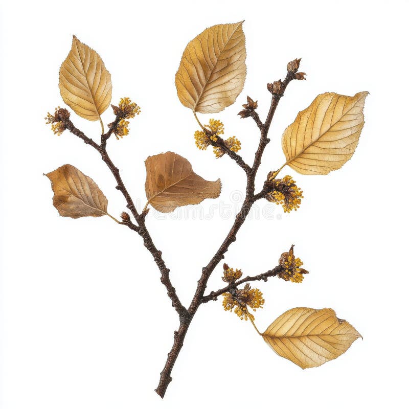 Witch Hazel Branches with Yellow Blossoms and Leaves Displayed Against ...