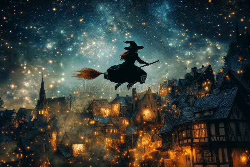 A Witch on Her Broomstick Soars Over a Medieval Town Under a Starry ...