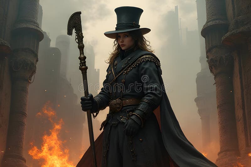 Witch Holding Magic Staff Standing in Burning Gothic Castle Stock ...