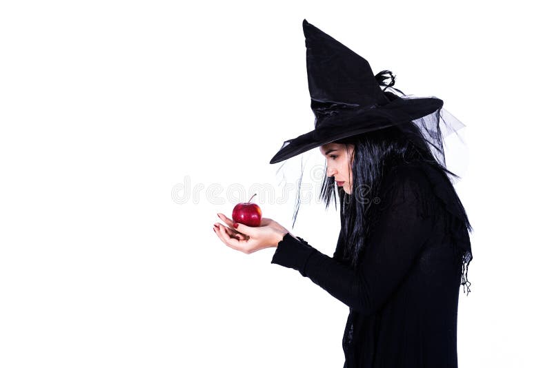 Witch Looking at Red Apple on White Background Stock Image - Image of ...