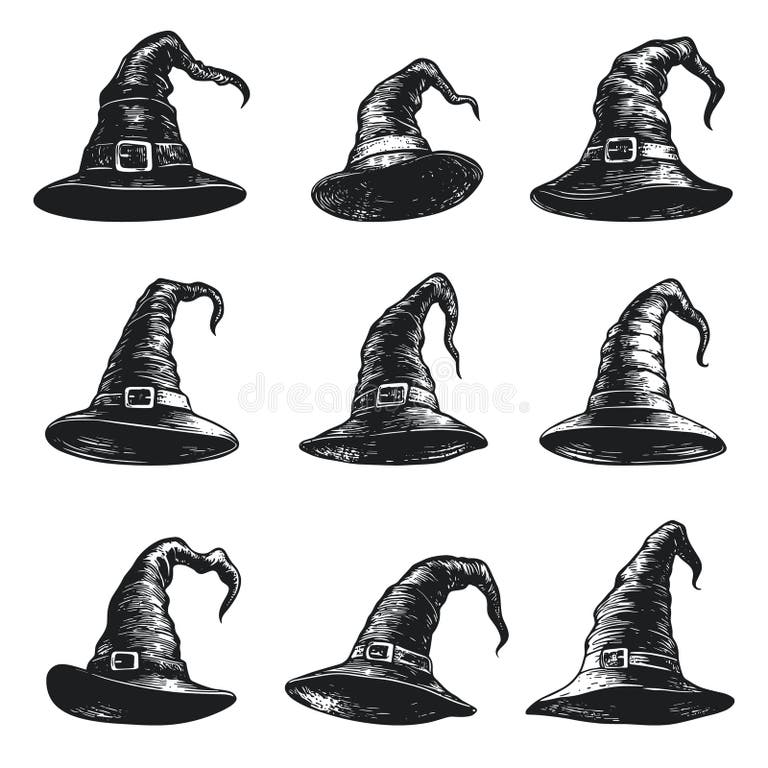 Witch Magic Hats Linocut Print Style Vector Illustrations Unique ...