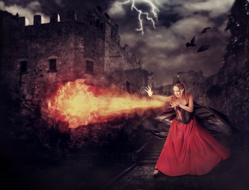 Witch in Medieval Castle Cast Magic - Fireball Stock Image - Image of ...