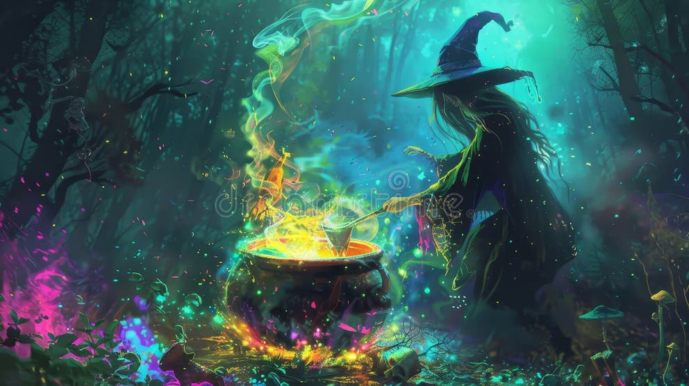 A Witch in a Mysterious Forest Brewing a Colorful Potion Surrounded by ...
