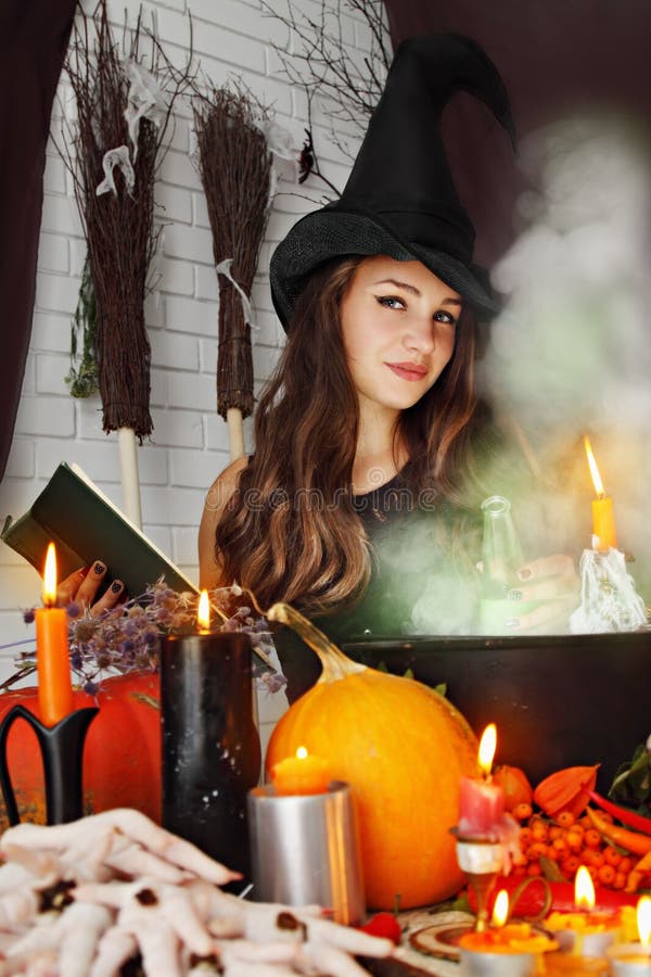 Witch Near the Boiler with Book Stock Image - Image of cauldron ...