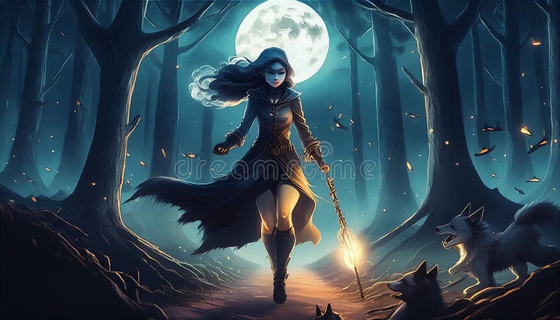 Witch in the Night Forest among Wolves Stock Illustration ...