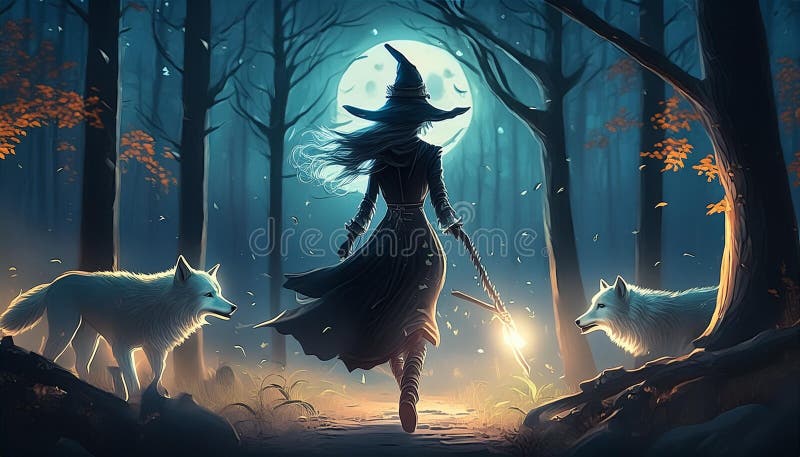 Witch in the Night Forest among Wolves Stock Illustration ...