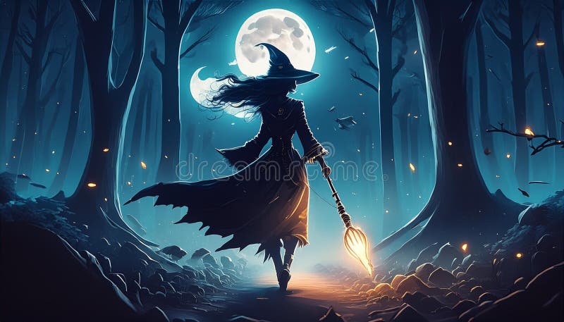 Witch in the Night Forest among Wolves Stock Illustration ...