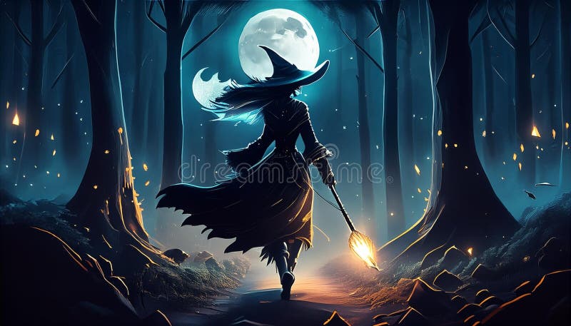 Witch in the Night Forest among Wolves Stock Illustration ...