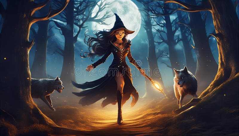 Witch in the Night Forest among Wolves Stock Illustration ...
