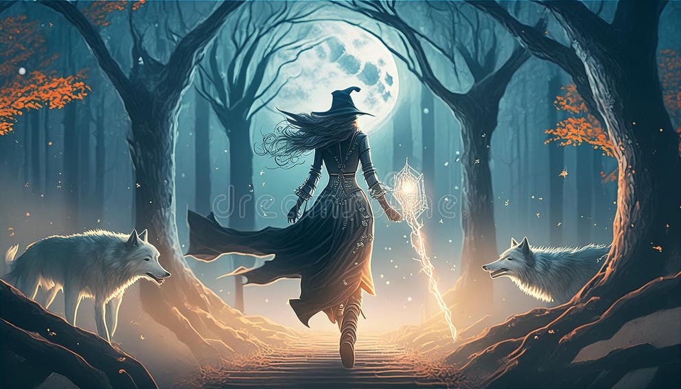 Witch in the Night Forest among Wolves Stock Illustration ...
