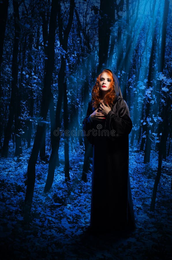 Witch at night forest stock image. Image of black, girl - 47903965
