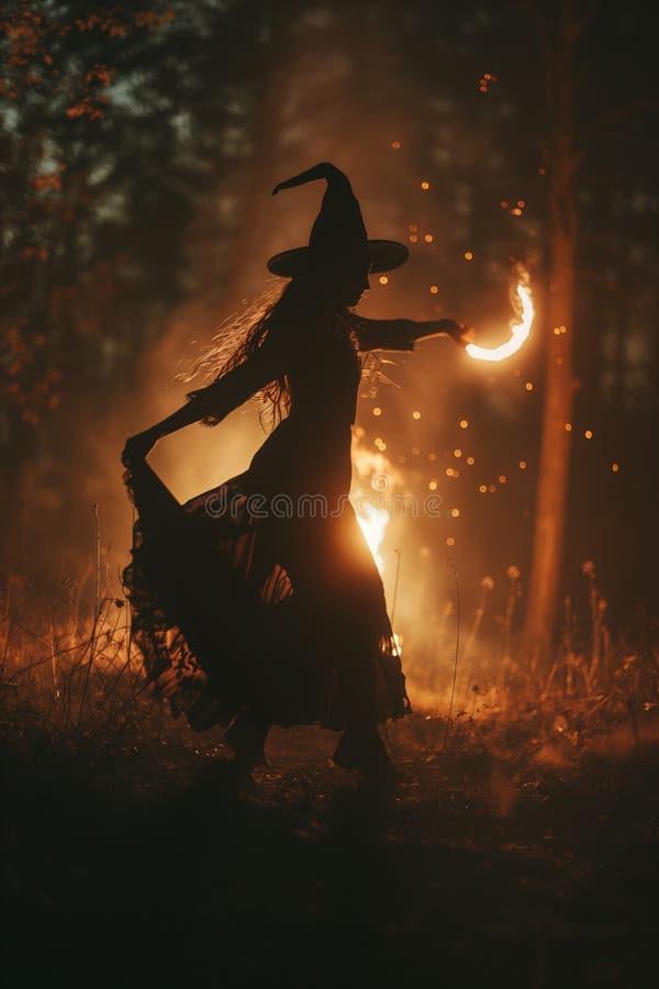 Witch Performing Ritual in Fiery Woods at Night Stock Image - Image of ...
